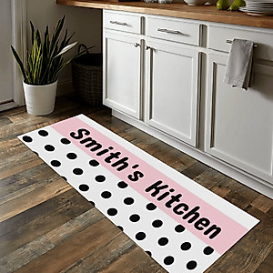 Custom Polka Dot Point Pink Black Kitchen Mats with Name Text Non Slip Soft Rubber Doormats Runner Carpets Rugs for Bathroom Bedroom Laundry Decor 48x17 Inch