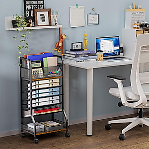 Rolling File Cart 6 Tier File Organizer Cart,Wood and Mesh Design with Detachable Wheels Removable Trays,Rolling Office Cart Homeschool Organization,Paper Organizer Desk Beside Mobile Bookshelf