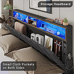 ADORNEVE Queen LED Bed Frame with Outlet and USB Ports, Queen Bed Frame with Storage Headboard, Modern Platform Bed with Storage & LED Lights, No Box Spring Needed, Easy Assembly, Dark Grey