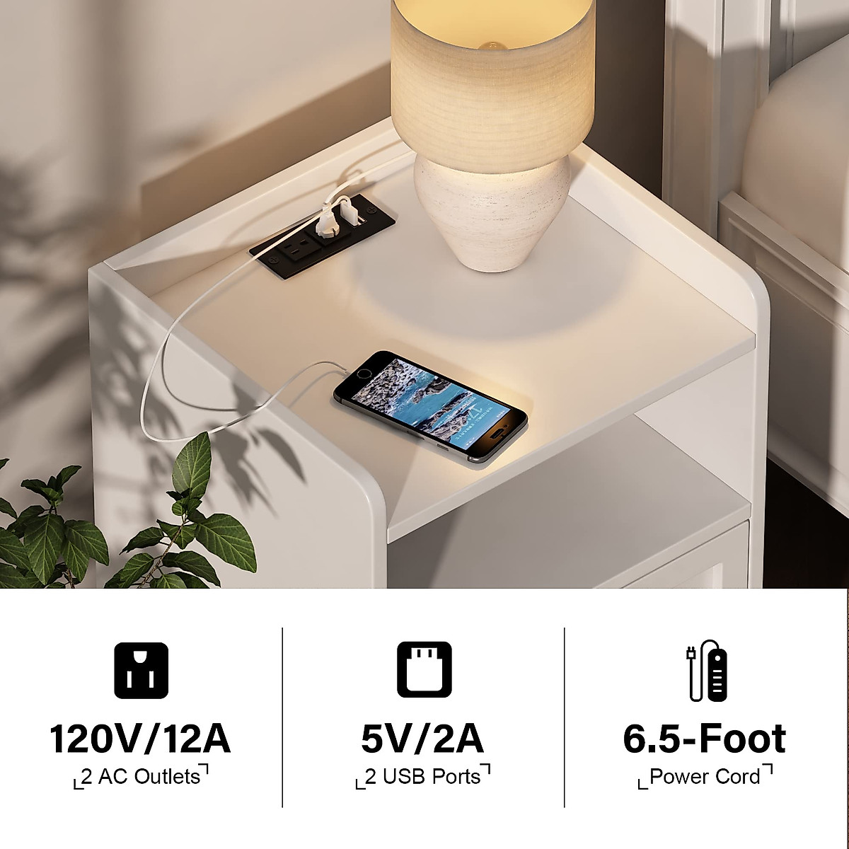 ChooChoo Nightstand with Charging Station, Night Stand with Cabinet and Open Storage, 2 AC and USB Power Outlets, Bed Side Table for Bedroom, White