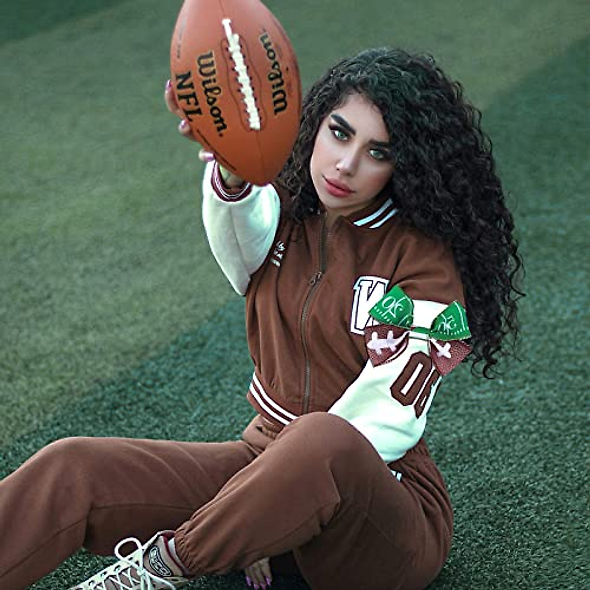 Kuscul 5 Rolls Football Wired Edge Ribbon 2.5 Inches x 25 Yard Rugby Ball Ribbon Sport Stitching Satin Wired Ribbon for Sport Team Party Decor Gift Wrapping Decor Hair Bow Sewing Wreath Crafts