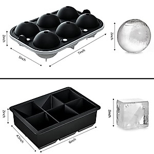 ROTTAY Ice Cube Trays (Set of 2), Sphere Ice Ball Maker with Lid & Large Square Ice Cube Maker for Whiskey, Cocktails and Homemade, Keep Drinks Chilled