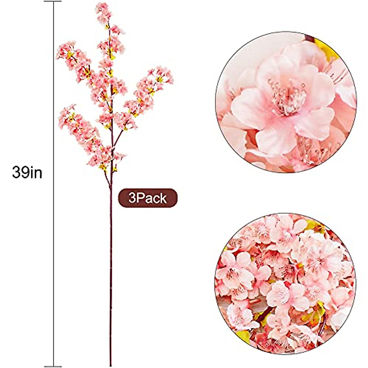 Houele Cherry Blossom Branches, 39 Inch Long Stem Artificial Flowers Cherry Blossom Tree Silk Fake Flowers for Vase Room Office Bedroom DIY Decor, Wedding, Indoor and Outdoor (3 Pcs Pink)