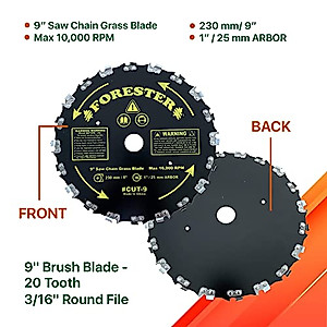 Forester 9” Chainsaw Brush Cutter Blade – 20 Tooth Circular Trimmer Saw Blade - for Trimming Trees, Clearing Underbrush, Cutting String, Weeds and Bush