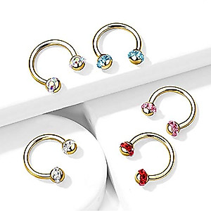 Crystals Paved Around ball Gold PVD Over 316L Surgical Steel Horseshoes for Ear Cartilage, Daith, Eyebrow, Nose Septum and More (Clear)