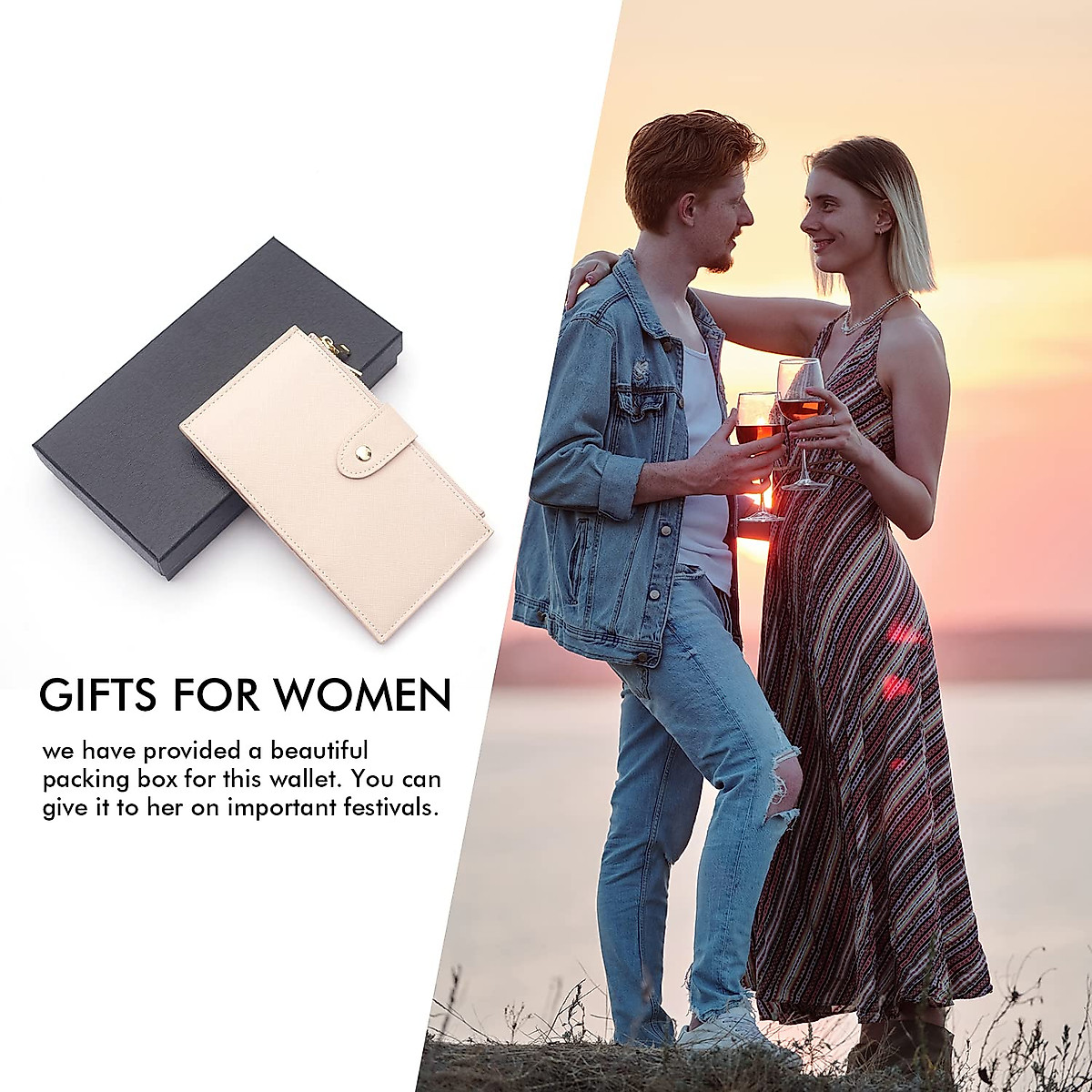 neyrat Slim wallet for women, Bifold multi card case zipper coin purse,RFID Blocking wallets with checkbook holder,With gift box (Beige)