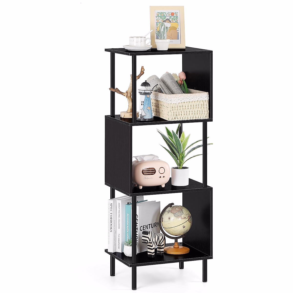 ETELI Small Bookshelf Unique S Shaped 4 Shelf Bookcase Free Standing Industrial Book Storage Shelves for Living Room, Bedroom, and Home Office, Rustic Book Organizer & Metal Frame