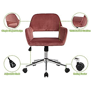 Geniqua Rose Pink Velvet Office Chair Swivel Task Chair Adjustable Mid Height Casters Rolling Computer Chair Modern for Home Office