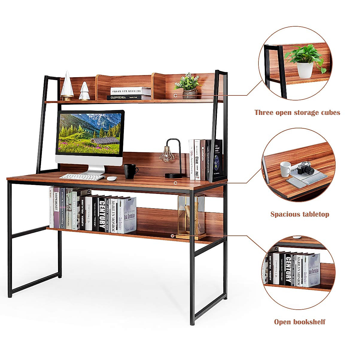 Tangkula Computer Desk with Hutch & Bookshelf, 47 Inches Space Saving Writing Study Table Home Office Desk, PC Laptop Table Workstation with w/ 3 Open Storage Space & Bottom Bookshelf (Brown)