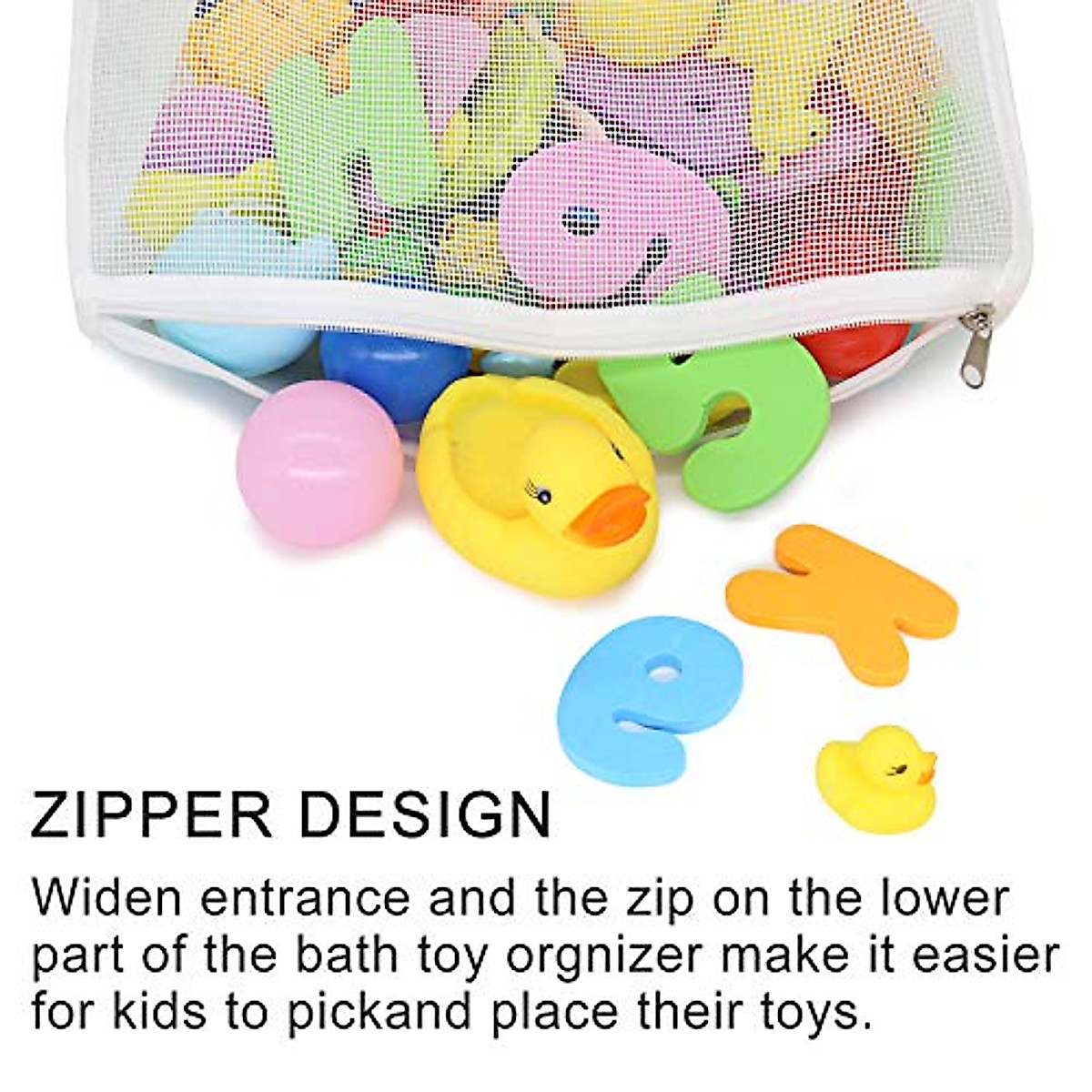 Bath Toy Organizer Multiple Ways to Hang, Extra Large Opening Bathroom Toy Holder, Bottom Zipper Bathtub Toy Storage Bag (White)