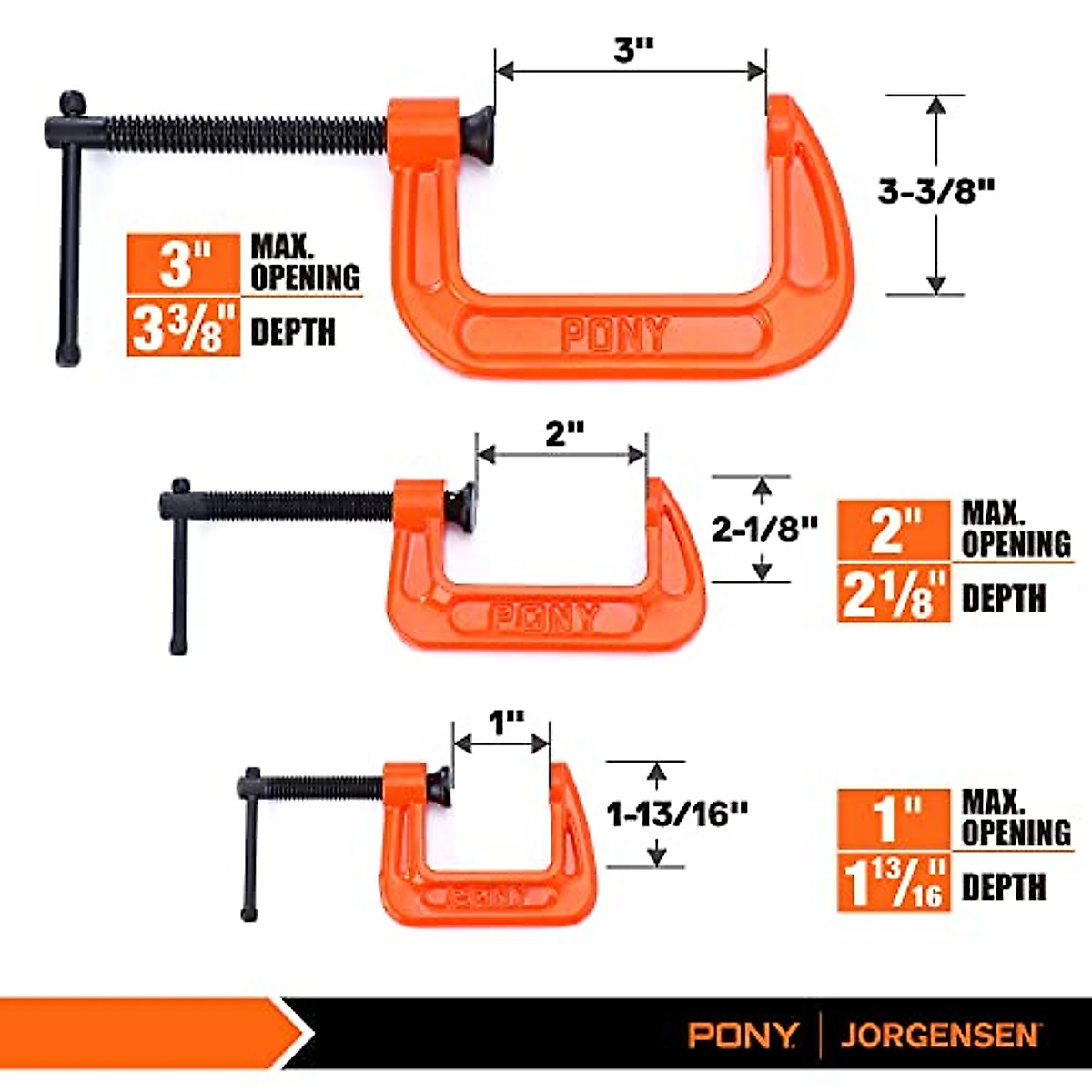 PONY Malleable Iron C-Clamp Set, 3-Piece, (1", 2", 3") Orange