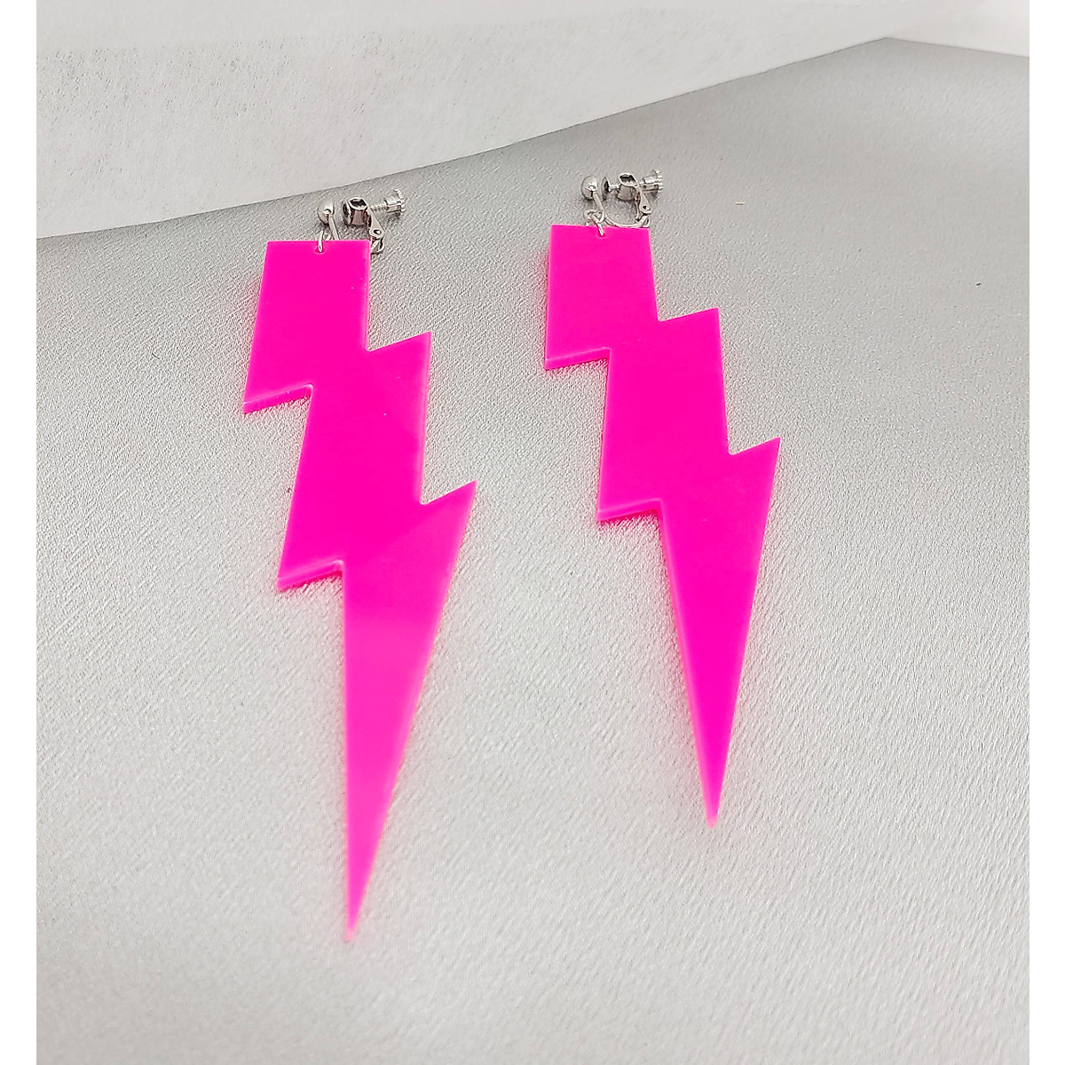80s Neon Earrings Acrylic Exaggerated Women Lightning Bolt Clip on Earrings Non Pierced Earrings Halloween Jewelry 80's Party (rose red)