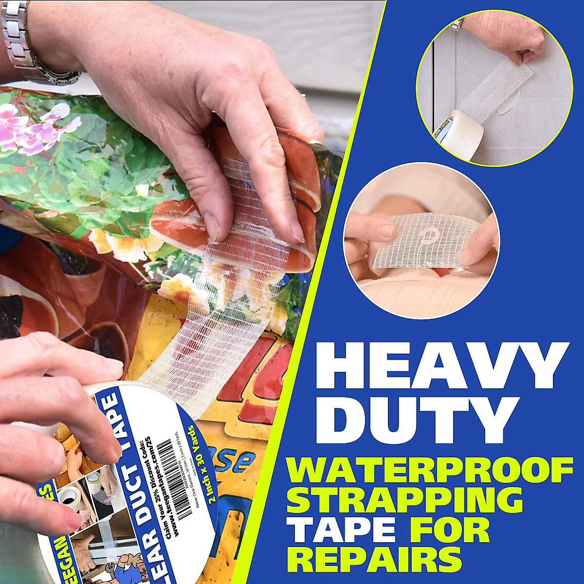Gaffer Power Clear Filament Duct Tape | Heavy Duty Waterproof Strapping Tape for Repairs | Sealing, Shipping, Packing | Residential, Commercial and Industrial Uses | 2 Inch x 30 Yards