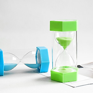 Sand Timer,XINBAOHONG Hourglass Sand Timer 5 Minutes 15 Minutes Timer Clock for Kids Games Classroom Home Office Kitchen Use (Pack of 2) (4.7''X 2.3'', 5 Min(Blue) and 15 Min(Green))