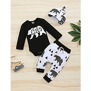 Newborn Baby Boys Romper 3PCs Set Clothes Infant Baby Bear Bodysuit Pants Hat Fall Winter Outfits Stuff Set 3-6M