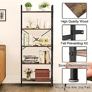 Huhote 5 Tier Bookshelf Bookcase Wood Tall Bookshelf Open Shelf,Farmhouse Bookshelf Book case, Industrial Bookshelf Storage Organizer for Bedroom,Living Room,Office, Rustic Brown