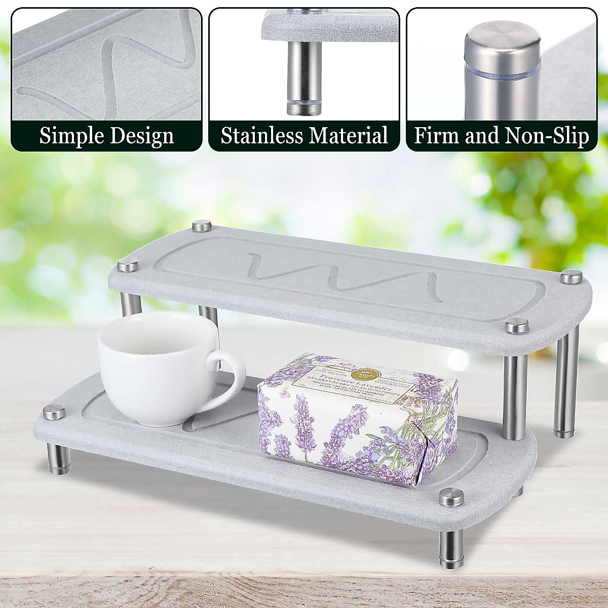 Kigley 2 Sets of Double Tiered Sink Caddy Instant Dry Sink Organizer Bathroom Counter Diatomaceous Earth Fast Drying Stone Sink Tray with Stainless Steel, 11" x 4.3" Each, Gray, White and Dark Gray