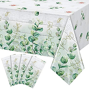 4 Pack Sage Green Eucalyptus Leaf Tablecloth Decorations, Plastic Spring Wood Sage Green Tablecloth Party Decorations, Green Disposable Table Cover for Baby Shower Birthday Wedding Party, 54x108 Inch