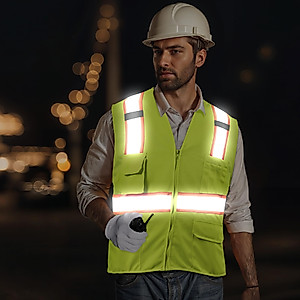 SHORFUNE High Visibility Mesh Safety Vest with 10 Pockets, Mic Tabs, Zipper and Reflective Strips, Reflective Construction Vest for Men and Women, ANSI/ISEA Standards, Yellow, L