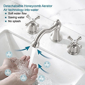 RKF Bathroom Faucets for Sink 3 Hole Brushed Nickel 8 inch Widespread Bathroom Sink Faucet with Drain 2 Handles Cross Knobs Faucet Bathroom Vanity Faucet Basin Mixer Tap Faucet CWF033-GBN