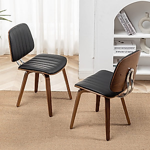 LUNLING Mid Century Modern Dining Chairs,Retro Black Faux Leather Chairs,Walnut Bentwood Upholstered Seat Wood Legs Side Chairs Adjustable Foots for Kitchen Dining Room Chairs, Set of 4