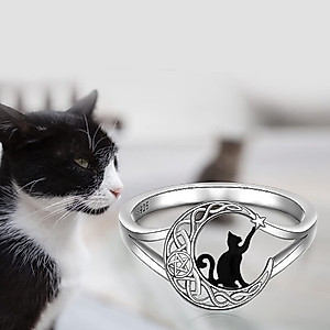 Celtic Knot Cat Ring Thumb Black Matching Cat Sterling Silver Rings for Women Animal Pentagram Pentacle Halloween Cats Lover Gifts Size 10