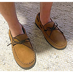 Dearfoams Men's Microsuede Moccasin with Tie Slipper, Chestnut, Medium