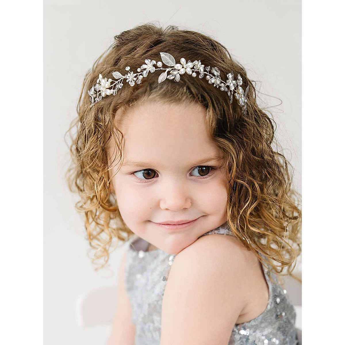 SWEETV Flower Girl Headpiece Pearl Silver Wedding Hair Accessories for Girls Flowers Headband Tiara for Birthday,party
