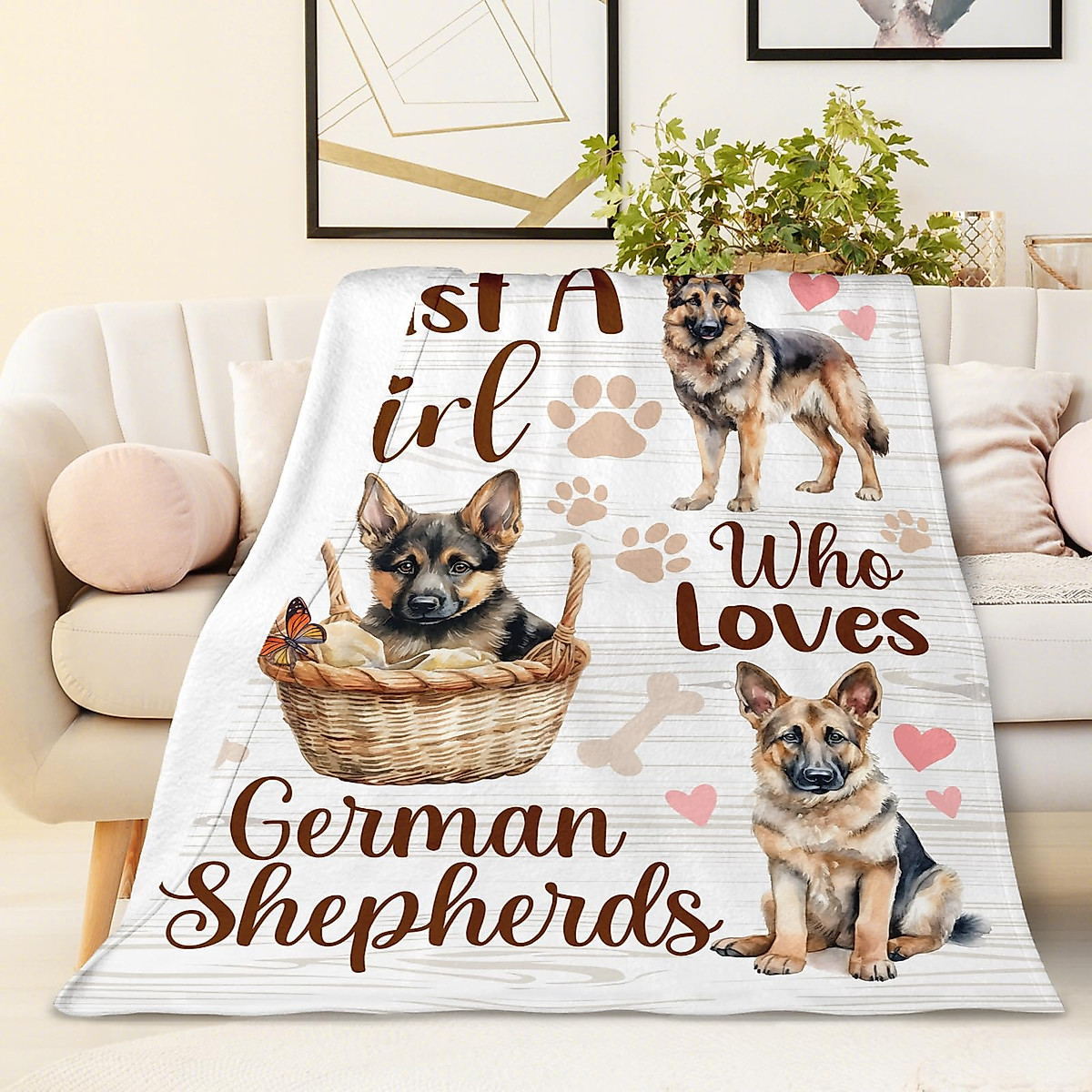 Kids Girls Throw Blanket - 40x30 Inches Small Blanket - Soft Plush Dog Themed Blankets for Office, Sofa - White Cute Fuzzy Throws Gifts for German Shepherd Dog Lovers