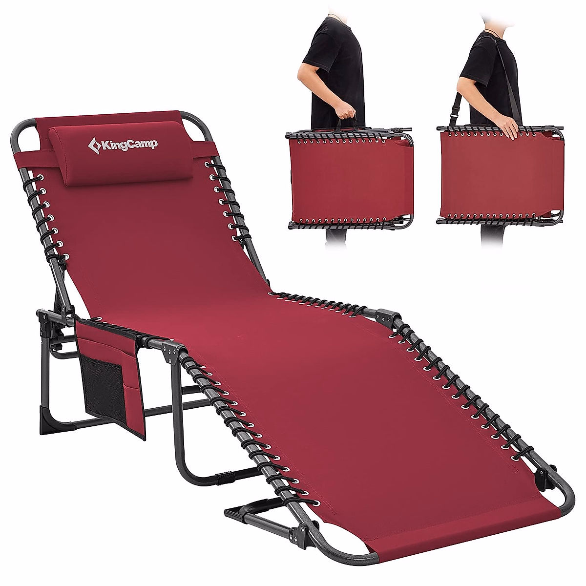 KingCamp Folding Outdoor Chaise Lounge Chair, 5-Position Adjustable for Beach, Sunbathing, Patio, Pool, Lawn, Lay Flat Portable Heavy-Duty Camping Reclining Chair with Shoulder Strap Side Pocket, Wine