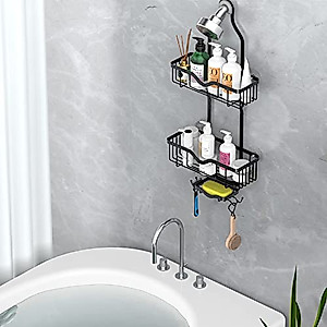 Kerisgo Hanging Shower Caddy, Over Head Shower Caddy Shower Organizer Rack with Soap Dish, Shower Storage Basket for Shampoo, Conditioner, Razors, Soap, Shower Sponge (Black)