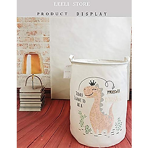 LEELI Laundry Hamper with Handles Collapsible Canvas Laundry Basket,Waterproof Storage Basket Home Organizer for Nursery,Clothes,Toys,Baby Hamper19.7×15.7(pink dinosaur)