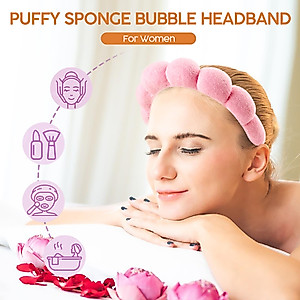 DOMMARE Headband For Washing Face Bubble Skincare, Spa Headbands For Women Wristband Set, Makeup Hairband Teen Girl Gifts, Terry Cloth Puffy Get Ready Hair Accessory(Pink)