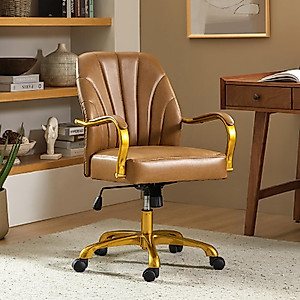 HULALA HOME Camel Leather Office Chair with Gold Legs, Swivel Desk Chair with Padded Seat and Armrests, Adjustable Height Task Chair