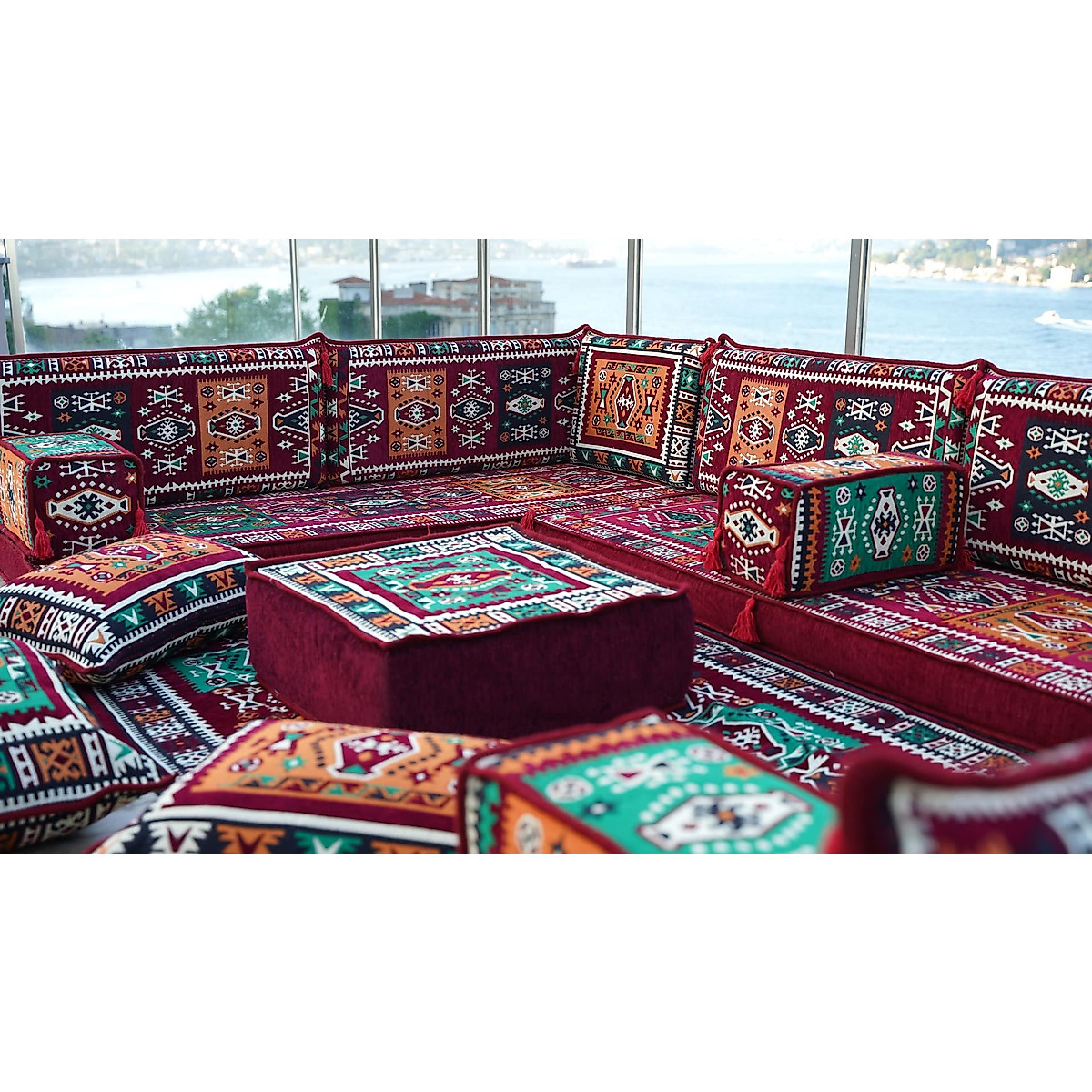 Premium U Shaped Arabic Sofa Set, Maroon Floor Cushions, Arabic Seating Floor Sofa, Backrests, Moroccan Sofas, Arabic Majlis (U Sofa Full Set)