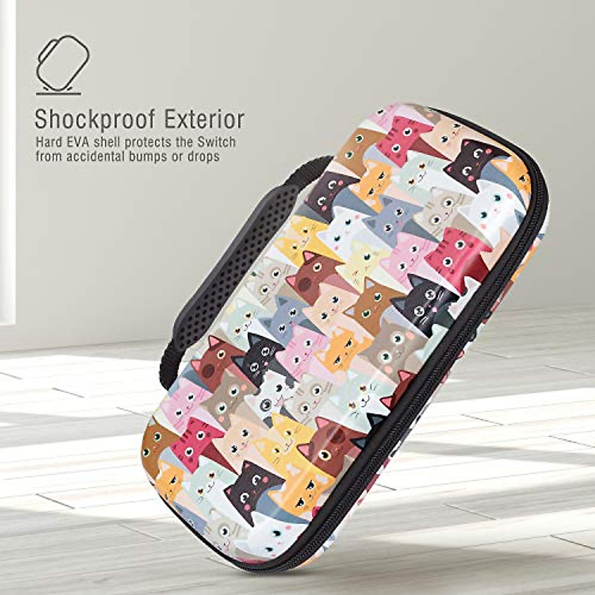 Lokigo Carrying Case for Nintendo Switch/Switch OLED Model (2021), Portable Travel Girls Carry Case Protective Hard Shell with 16 Games Card Cartridges for Switch Console & Accessories, Cute Cats