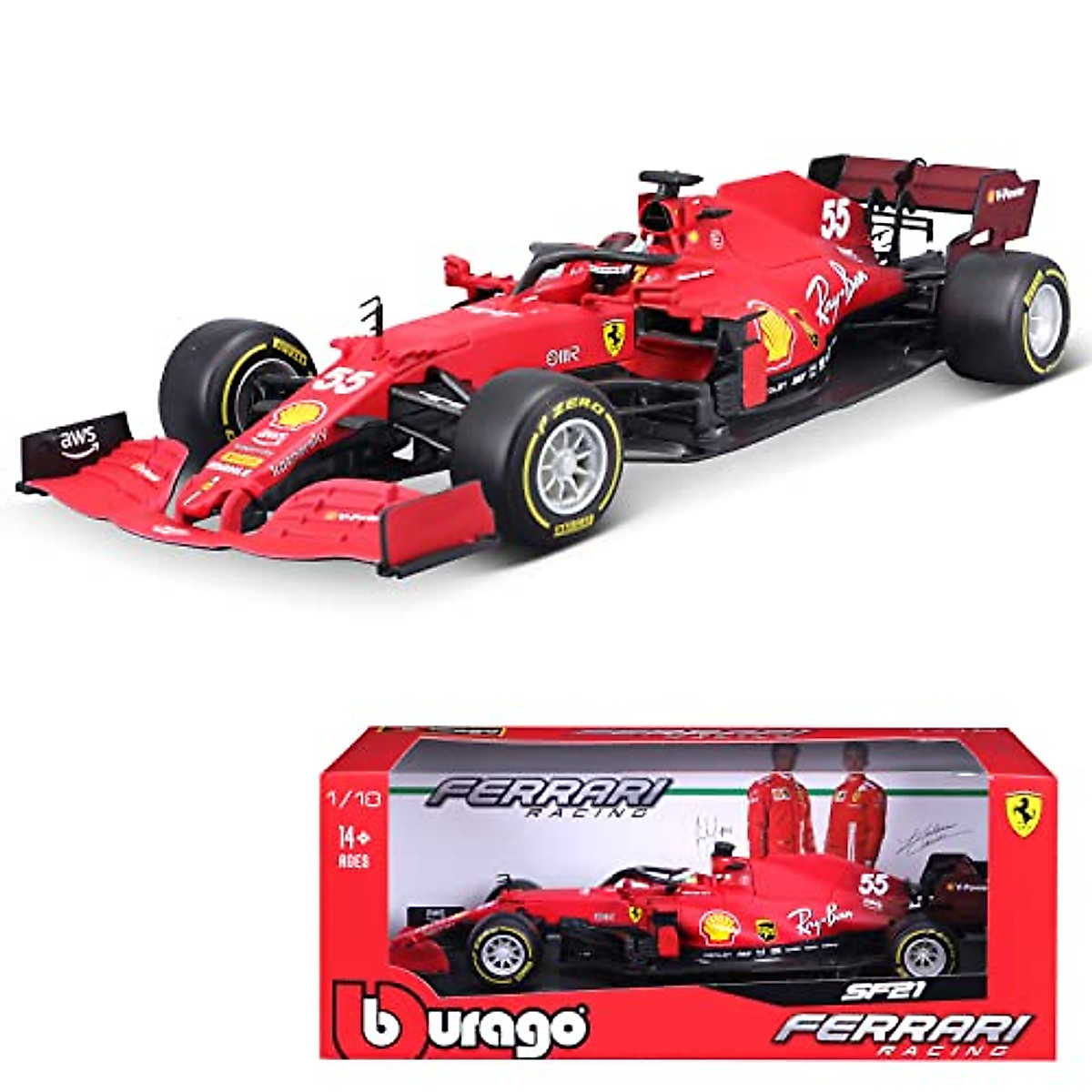 Xiangtat 1:18 Bburago 2021 SF21 F1 NO. #16 Charles Leclerc F1 NO. #55 Carlos Sainz Simulation Diecast Alloy F1 Formula Racing Car Model (1/18 SF21 No.55)