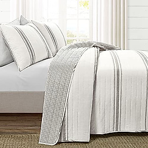 Lush Decor Farmhouse Stripe Reversible Cotton 3 Piece Quilt Set, Full/Queen, Gray