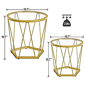 HOOBRO Round Coffee Table Set of 2, Gold Coffee End Table with Metal Frame, Tempered Glass Small Coffee Table for Living Room Bedroom Balcony Yard, Modern Style, Gold GD79BZ01