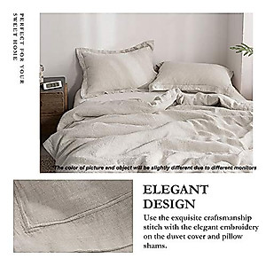 Simple&Opulence 100% Linen Duvet Cover Set with Embroidery Washed - 3 Pieces (1 Duvet Cover with 2 Pillow Shams) with Button Closure Soft Breathable Farmhouse - Linen, King Size