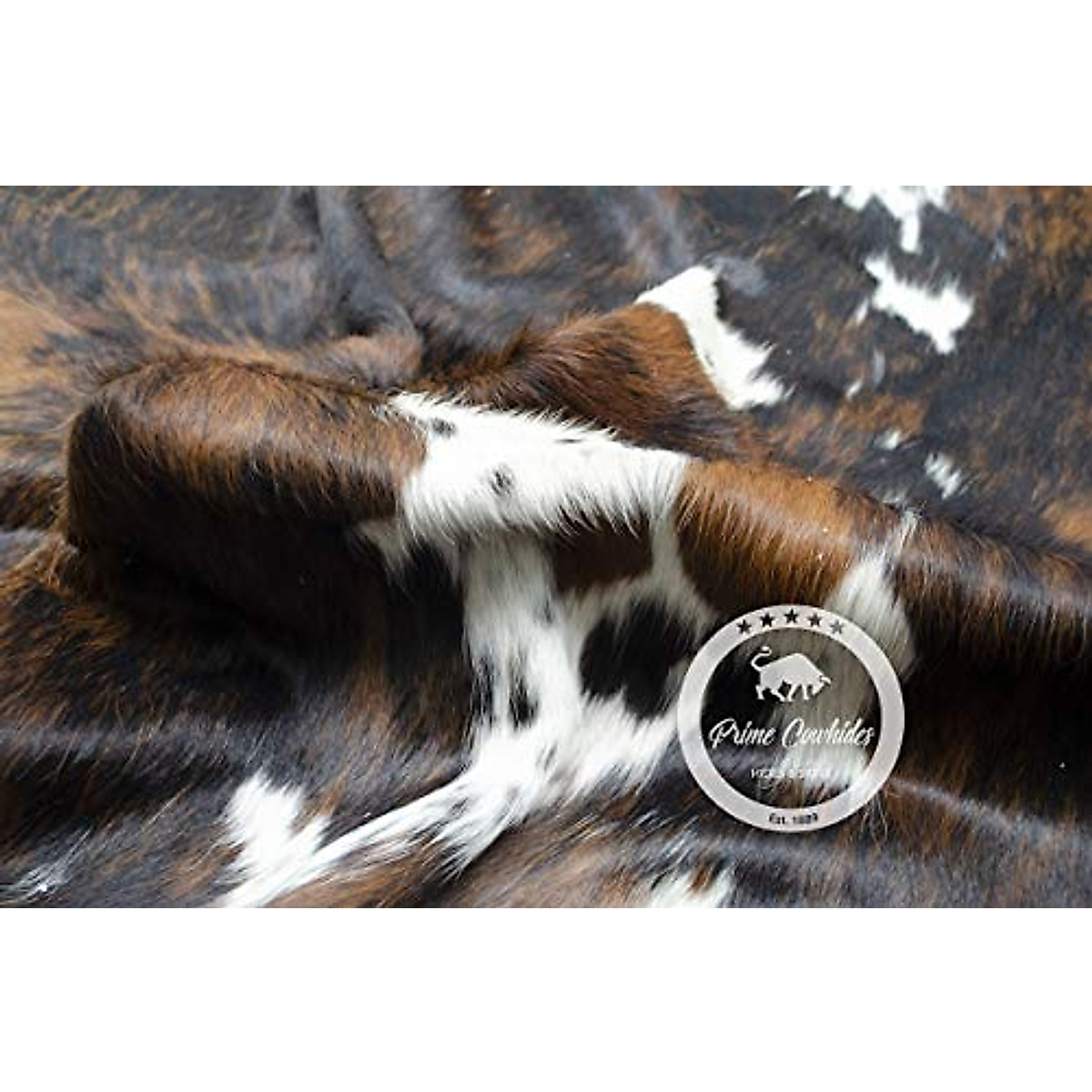 Cowhide Rug Tricolor Genuine Hair on Hide Size: X-Large (6ft x 7,5ft) (180cm x 225cm)