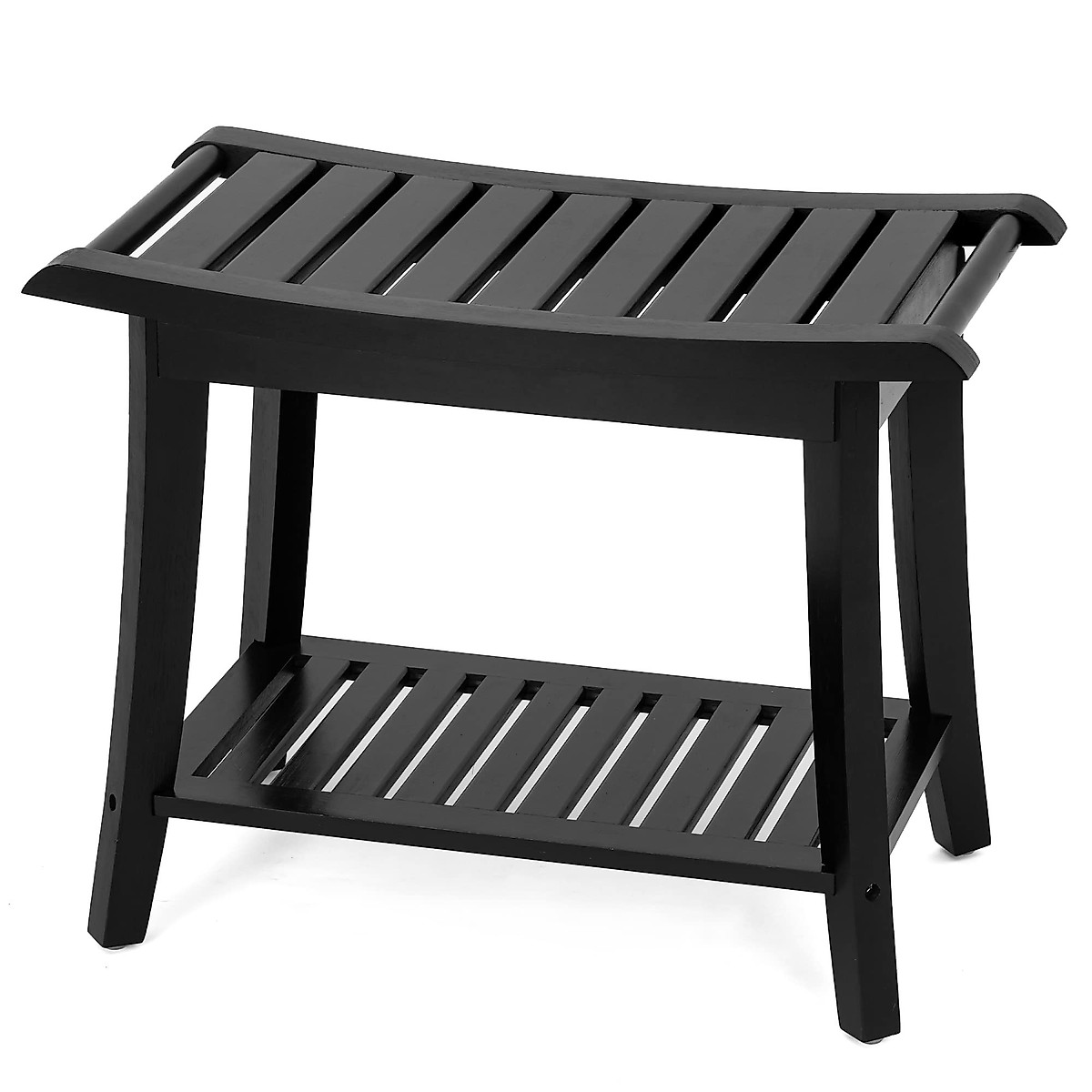 Bamboo Shower Bench Inside Shower Stool with Storage Shelf, Spa Bath Chair for Bathroom, Seat or Organizer for Living Room, Bedroom and Garden - Great for All Ages Unisex Elderly (Waterproof, Black)