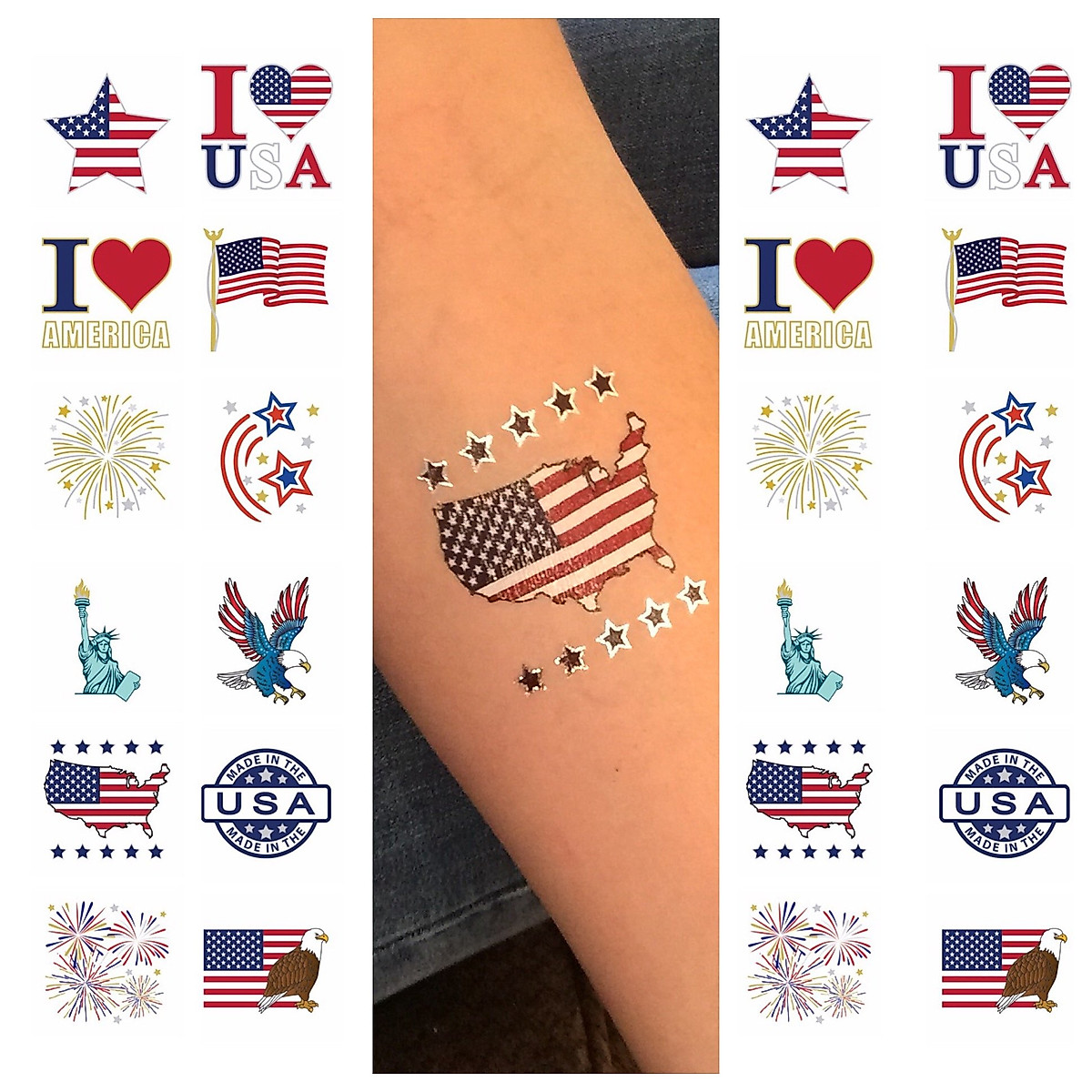 24 Patriotic Temporary Tattoos | 4th of July Party Supplies | USA Party Favors and Fourth of July Party Decorations | Metallic American Flag Red White and Blue Fake Tattoos | By John & Judy