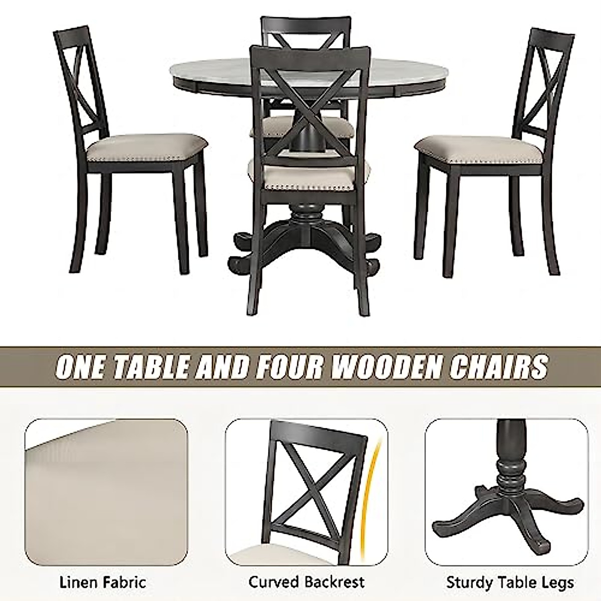 Xshelley Dining Table Set for 4, 5 Piece Dining Table Set with Faux Marble Finished Table and 4 Upholstered Chairs, Modern Dining Table Set for Kitchen Dining Room Living Room (Grey)