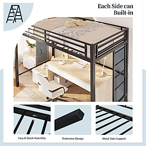 SUNLEI Loft Bed Twin Size with a Removable Ladder, Metal Twin Loft Bed with Safety Guard, Space-Saving Bed Frame, Noise Free for Small Bedroom, Black