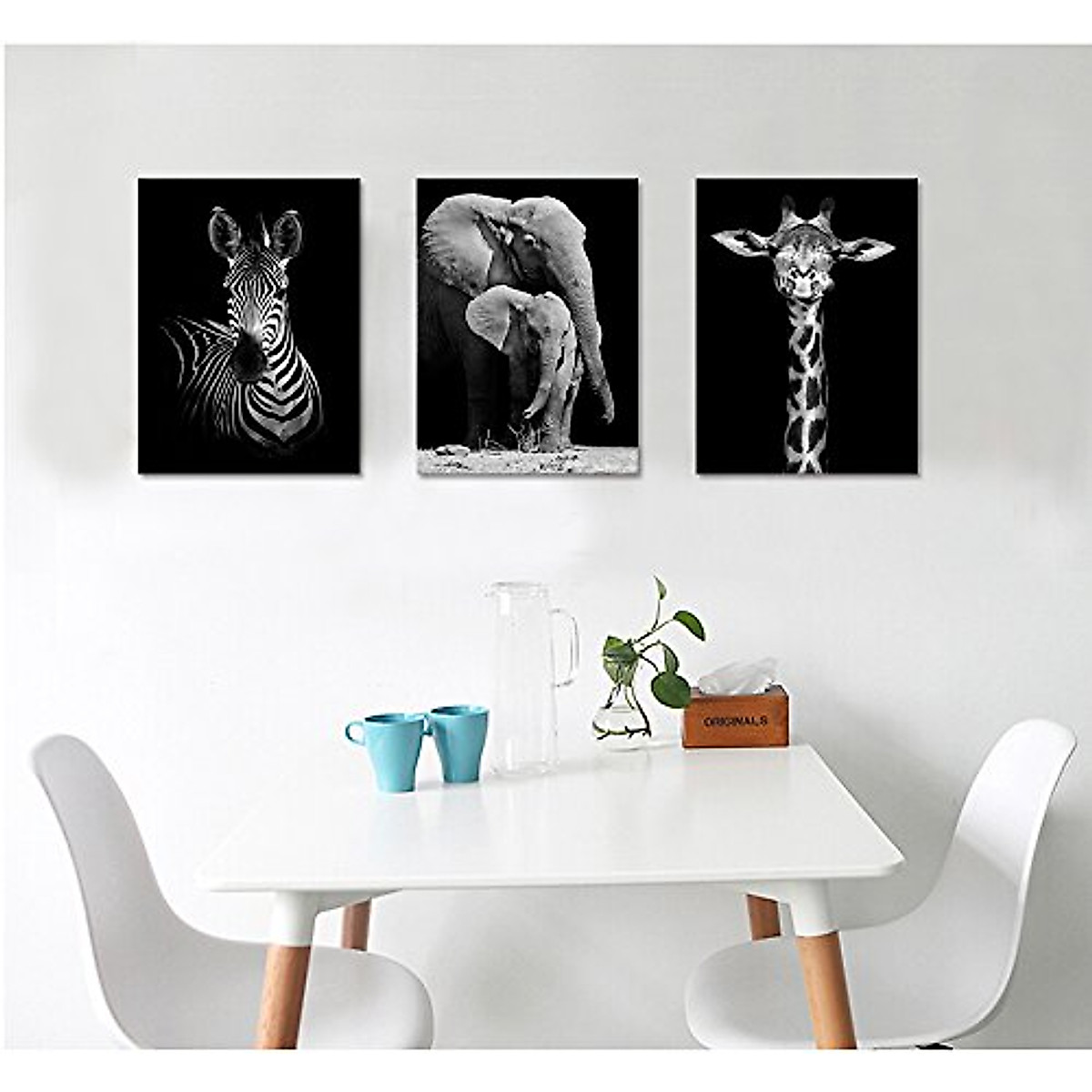 Visual Art Decor Black and White African Wildlife Canvas Wall Art Animal Zebra Giraffe Elephant Portrait Picture Poster Artwork for Home Living Room Bedroom Room Kids Room Office Wall Decoration Ready to Hang