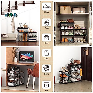 Vaasee 4 Tiers Shoe Rack Storage Organizer with Basket and 4 Hooks, Metal Free Standing Non-Woven Fabric Shoe Shelf, Narrow 6-12 Pairs Stackable Shoe Stand for Closet Entryway Bedroom Garage (Black)