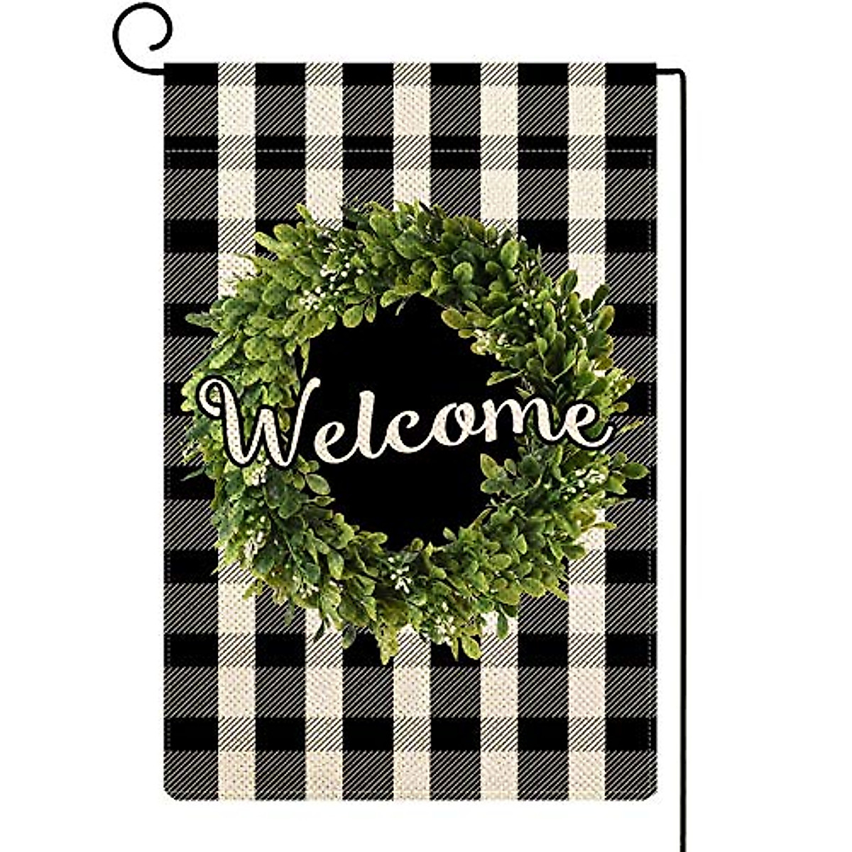 Baccessor Boxwood Wreath Welcome Garden Flag Double Sided, Buffalo Plaid Check Spring Fall Yard Flag Burlap, Small Farmhouse Rustic Flags for Outdoor Outside Decoration 12 x 18 Inch