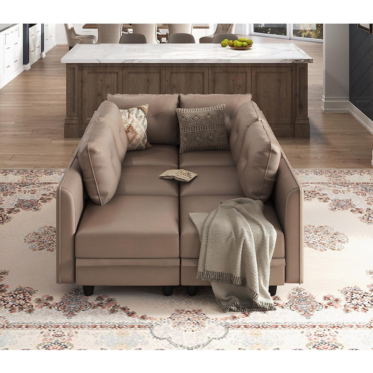 LLappuil Modular Sectional Sofa Faux Leather Fabric Convertible 6 Seater Sectional Couch with Storage Seat, 81.5 Inch Modern Reversible Chaise Modular Couch Sleeper, Aqua Blue