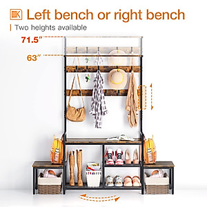 ODK Parent-Child Hall Tree with Bench and Shoe Storage, Entryway Rack with Metal Frame and Hooks, for Entrance, Foyer, Mudroom (Rustic Brown)